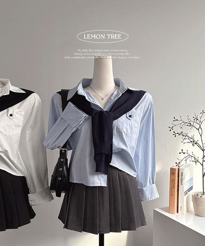 [シャツ+ニットショールset!／活用度グッド!] セミクロップ ポケット ベーシック シャツ+ニット 肩 ショール フェイク カーディガン 2pc レイヤード セット (4color ...