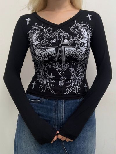 y2k black v-neck cross long sleeve | amood(アムード) - 一番賢いショッピングアプリ